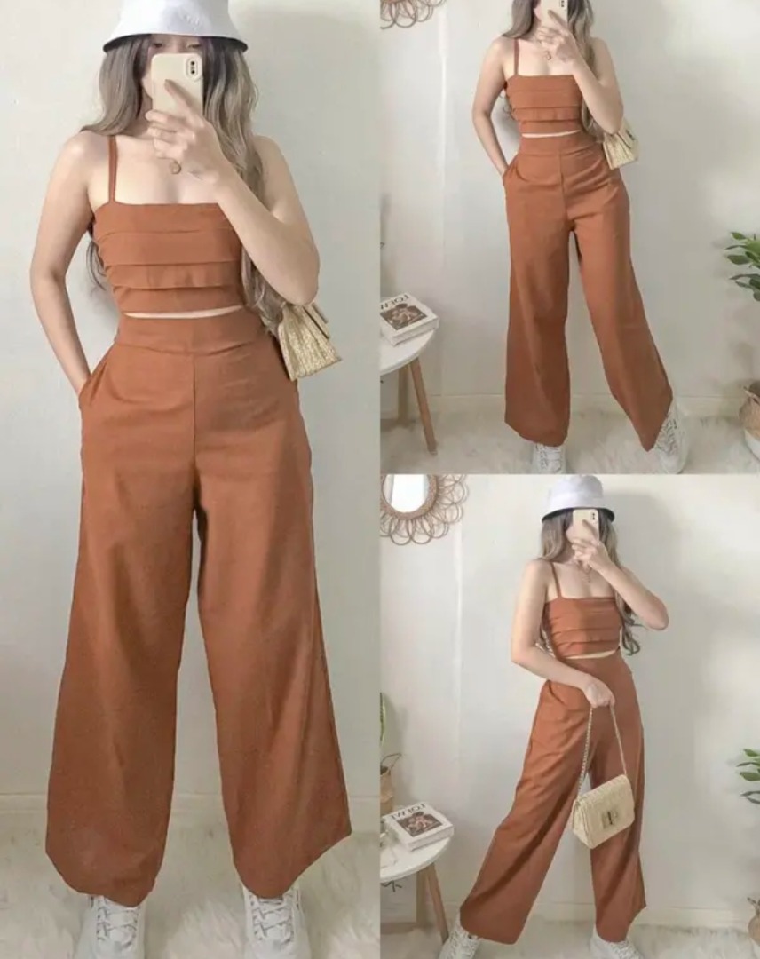 Spaghetti layered top and wide leg pants terno coordinates, Women's ...