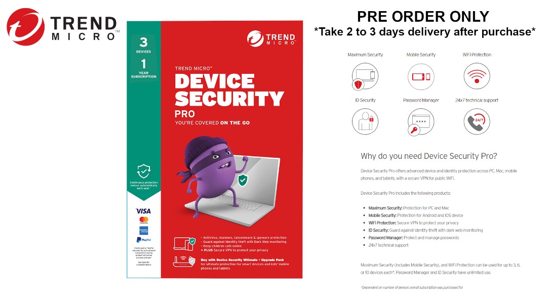 Trend Micro device Security Pro 1 YEAR 3 Device (2 stock left ...
