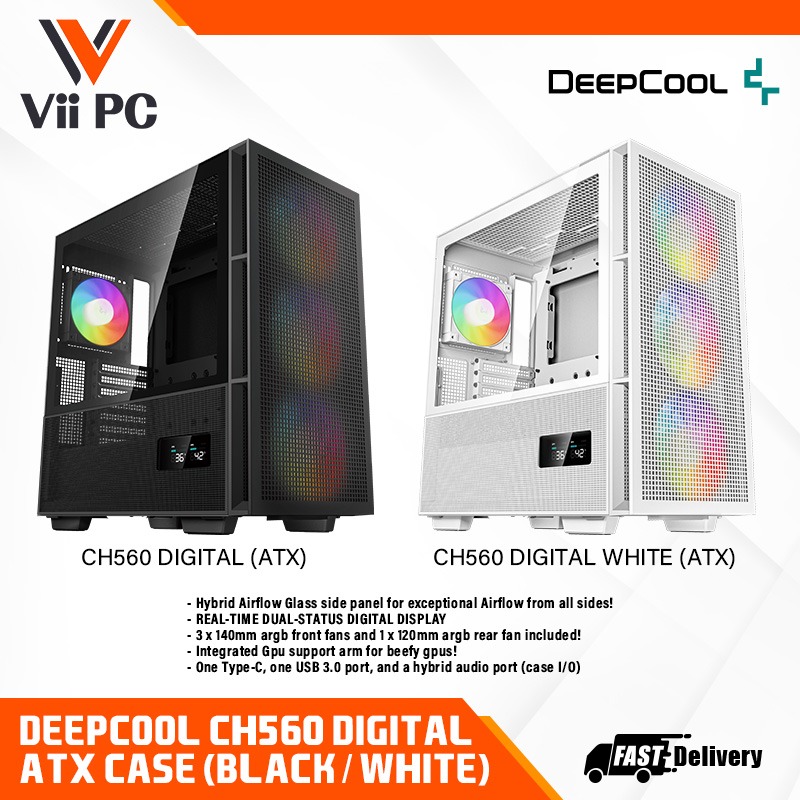 DeepCool CH560 Digital ATX Airflow case, Dual Status Display, 3X Pre ...