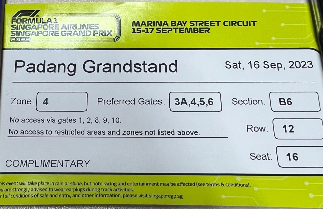 F1 Sat/Zone 4/ Padang Grandstand, Tickets & Vouchers, Event Tickets on ...