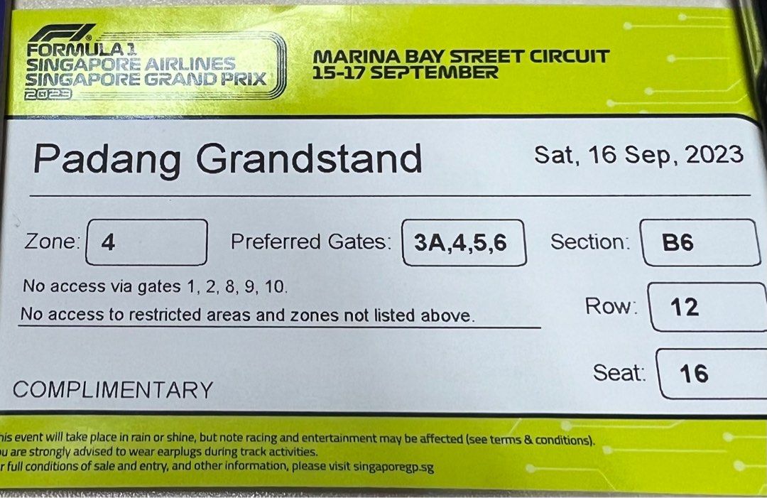 F1 Sat/Zone 4/ Padang Grandstand, Tickets & Vouchers, Event Tickets on ...