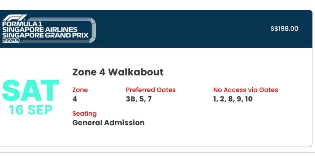 F1 Singapore 2023 / Zone 4 Walk-About (Sat 16-Sept), Tickets & Vouchers ...