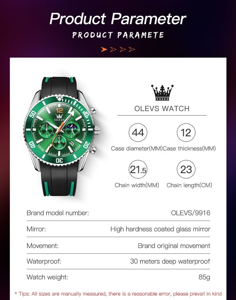 OLEVS 9916 Water Ghost Series Classic Green Dial Luxury Men Chronograph ...