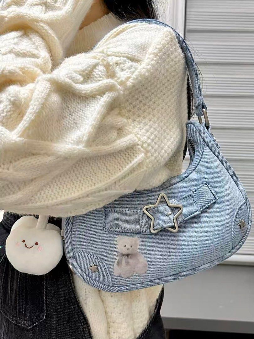 PO y2k denim shoulder crescent moon bag, Women's Fashion, Bags ...