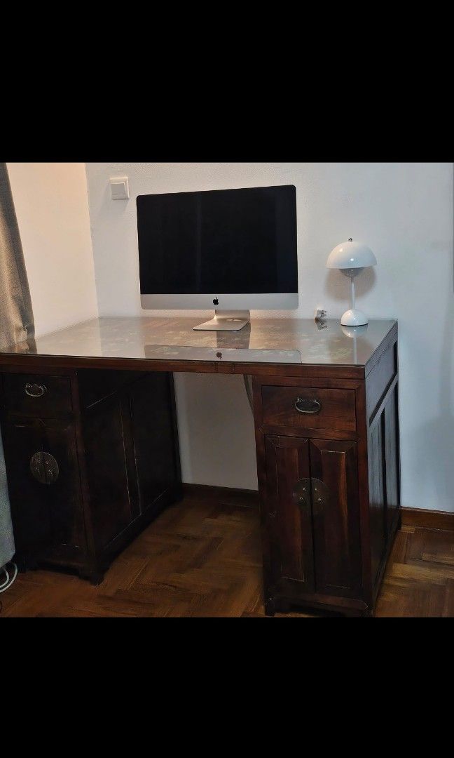 Rare Antique Chinese Study table set with chair and glass top ...