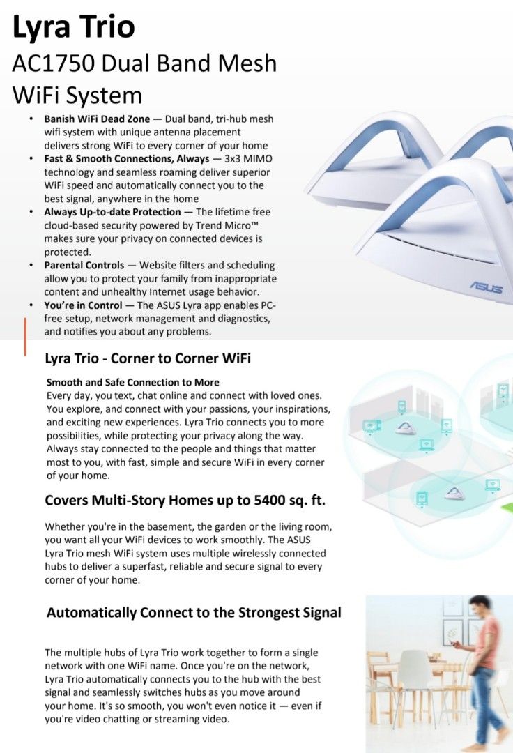 ASUS Lyra Trio Whole Home WiFi Mesh System AC1750, Dual-Band, WiFi ...