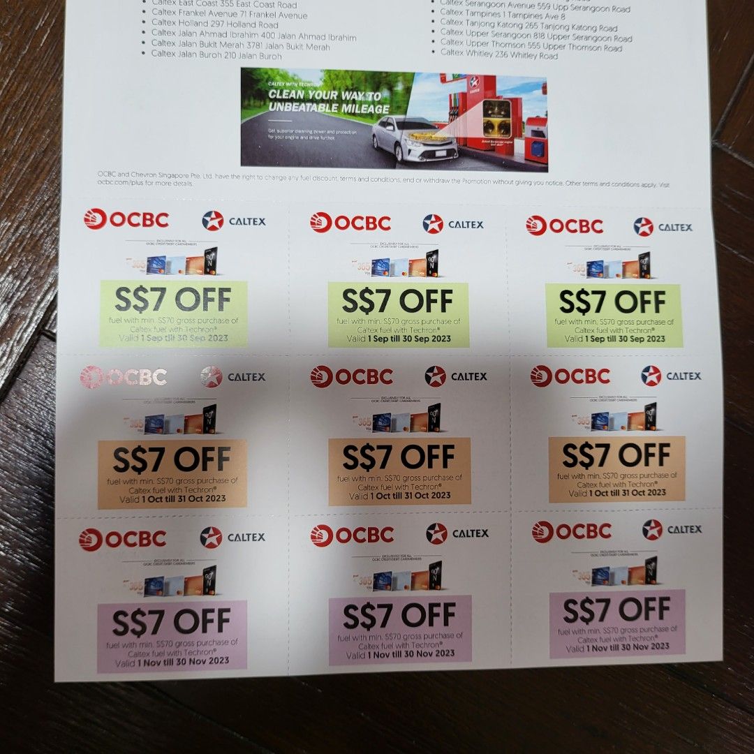 Caltex voucher Ocbc vouchers 9 pcs total, Tickets & Vouchers, Vouchers ...