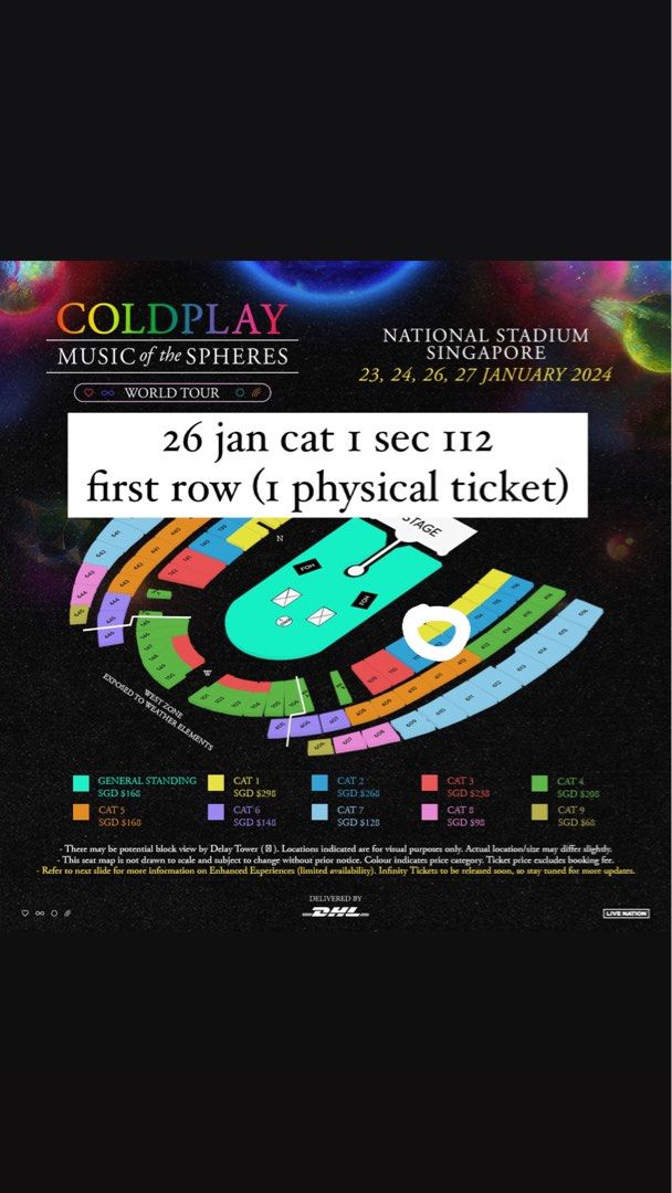 Coldplay SG 26 Jan Cat 1 sec 112, Tickets & Vouchers, Event Tickets on Carousell