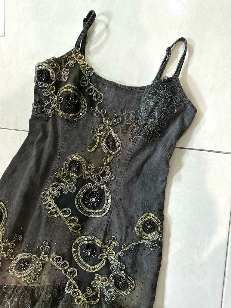 Denim Fairycore Embroidery Lace Maxi Dress | Ruffle vintage dres rok ...