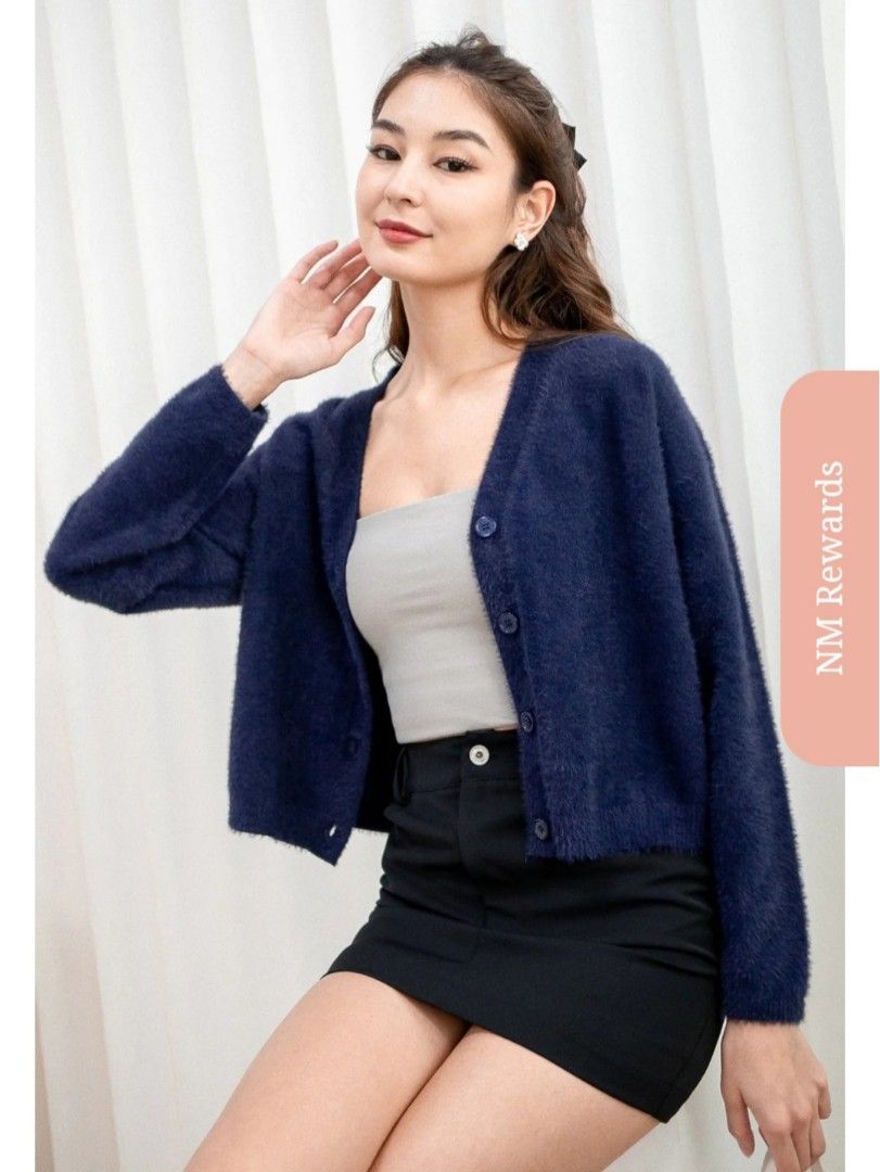 Emma Furry Knit Cardigan in Navy, Women's Fashion, Coats, Jackets and ...