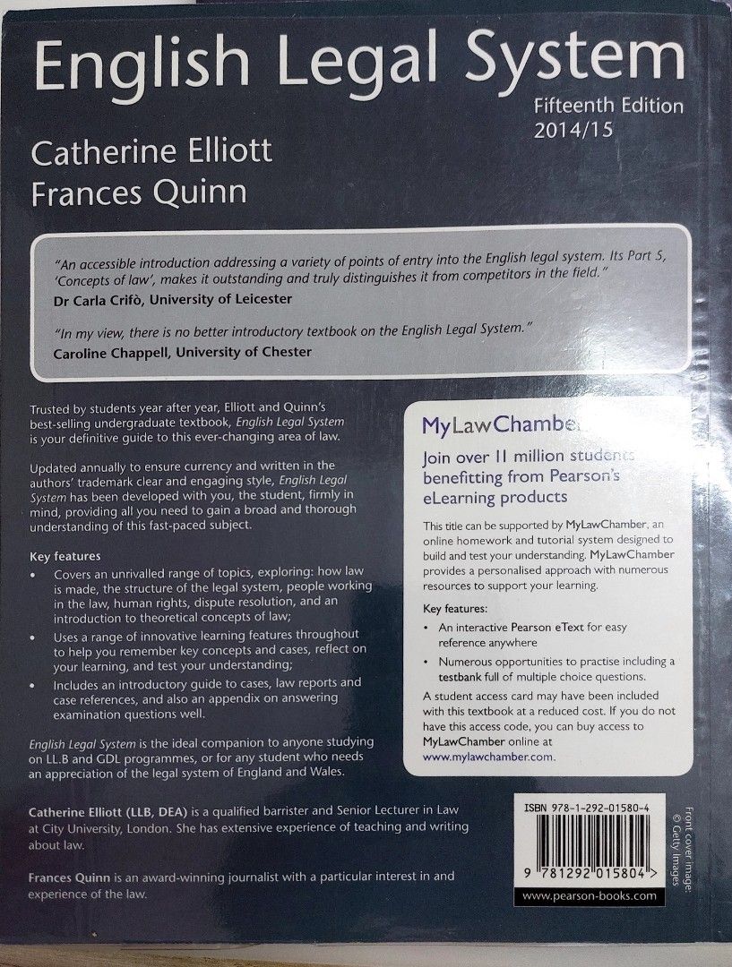 English Legal System by Catherine Elliott and Frances Quinn, Hobbies ...