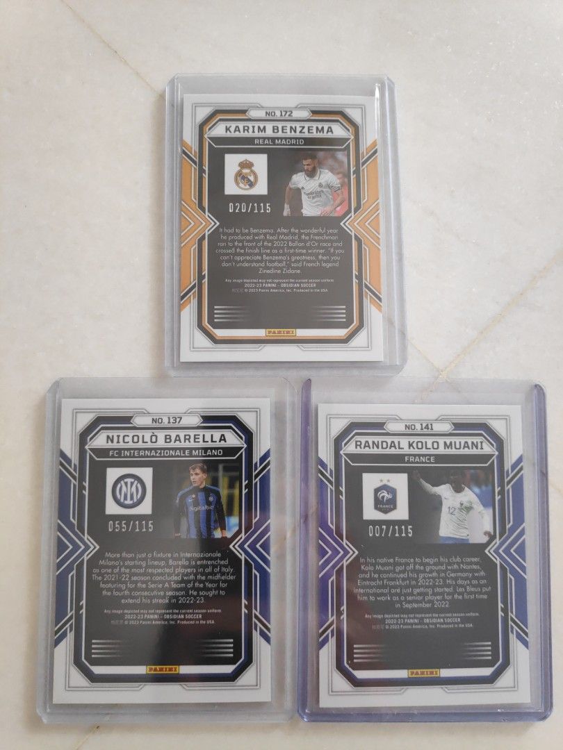 Obsidian soccer cards Karim Benzema Nicolo Barella Randall Kolo Muani ...