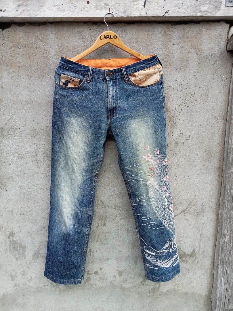 Random japan koi fish jeans, Men's Fashion, Bottoms, Jeans on Carousell