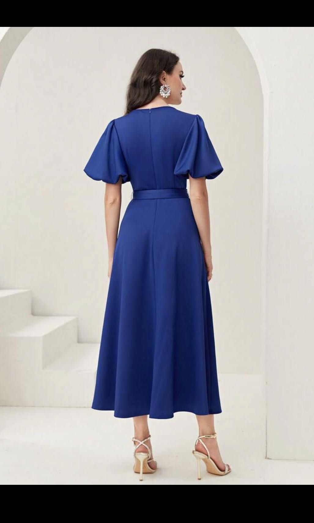 Shein Blue Puff Sleeve Pearl Detailed Midi Dress, Women's Fashion ...