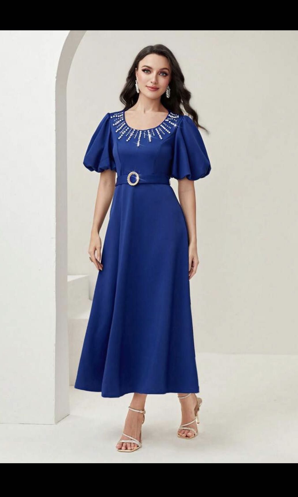 Shein Blue Puff Sleeve Pearl Detailed Midi Dress, Women's Fashion ...