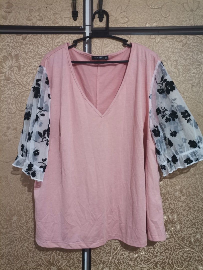 Shein Curve Plus Size Pink mesh Sleeves Top, Women's Fashion, Tops ...