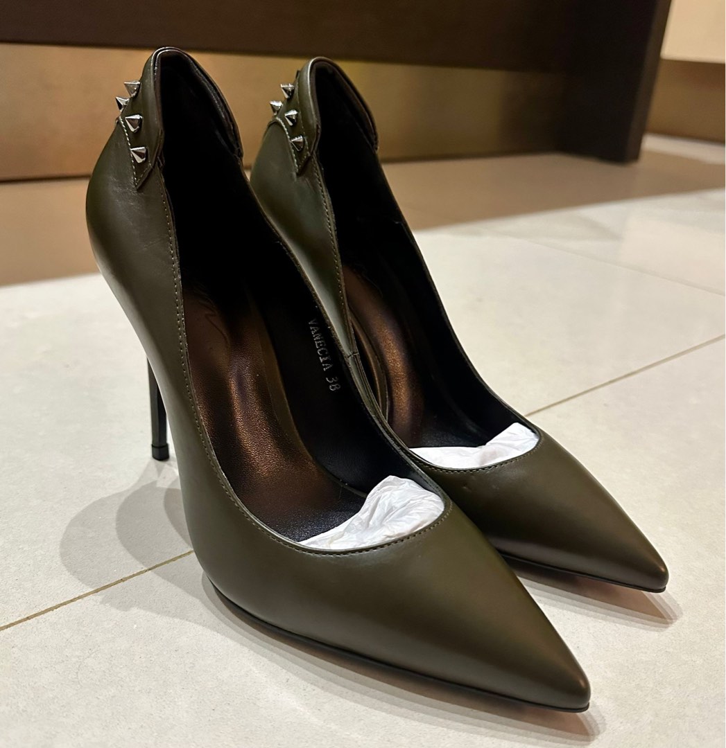 Vanecia Studded Leather Heels in Rare Olive Green, Women's Fashion ...