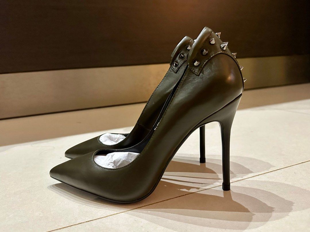 Vanecia Studded Leather Heels in Rare Olive Green, Women's Fashion ...