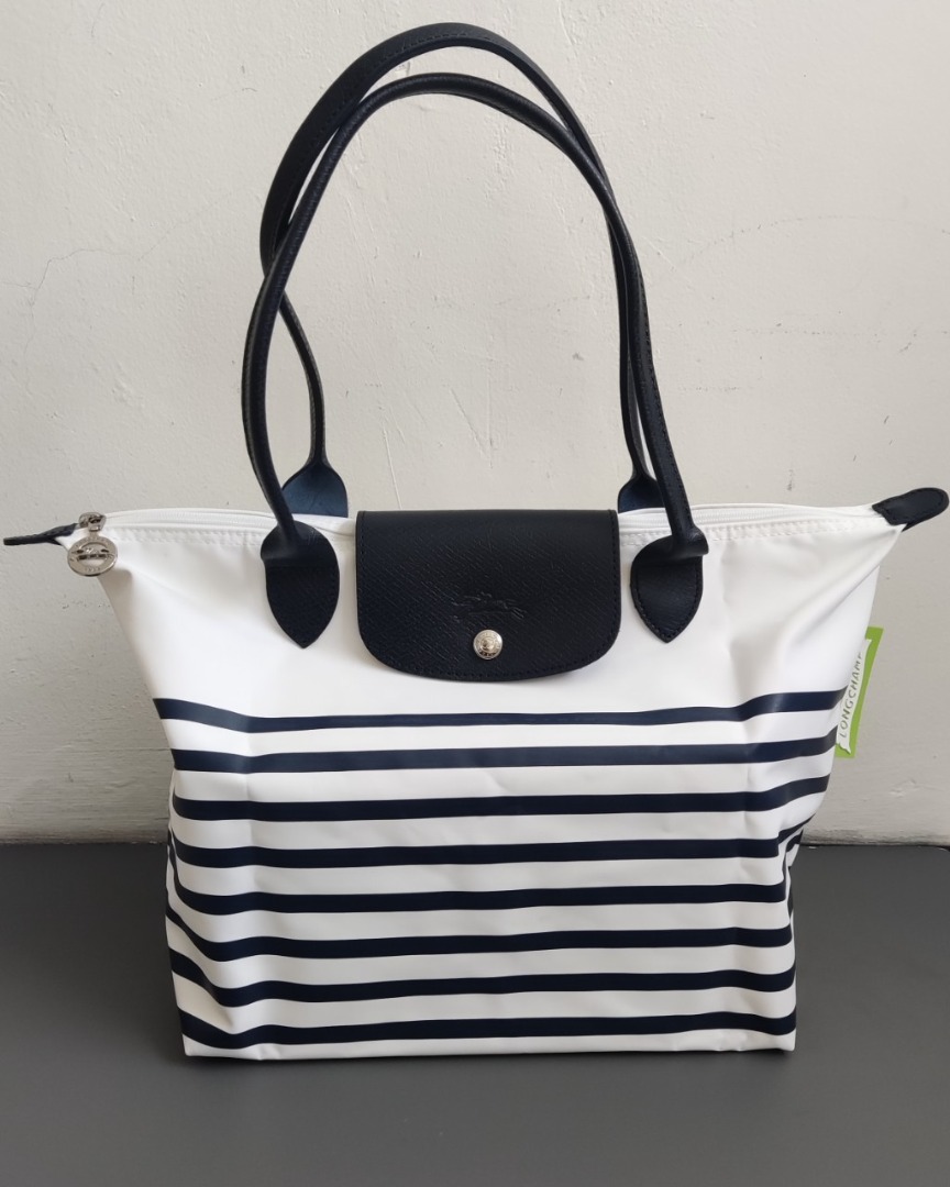 LONGCHAMP Le Pliage Small Long Handle SLH Navy White Stripe, Barang ...