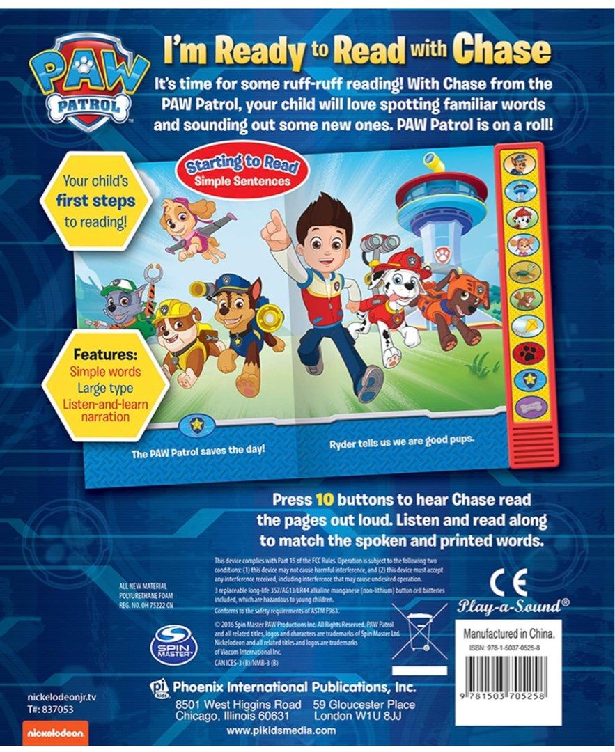 PAW Patrol I'm Ready to Read with Chase Sound Book, Hobbies & Toys ...