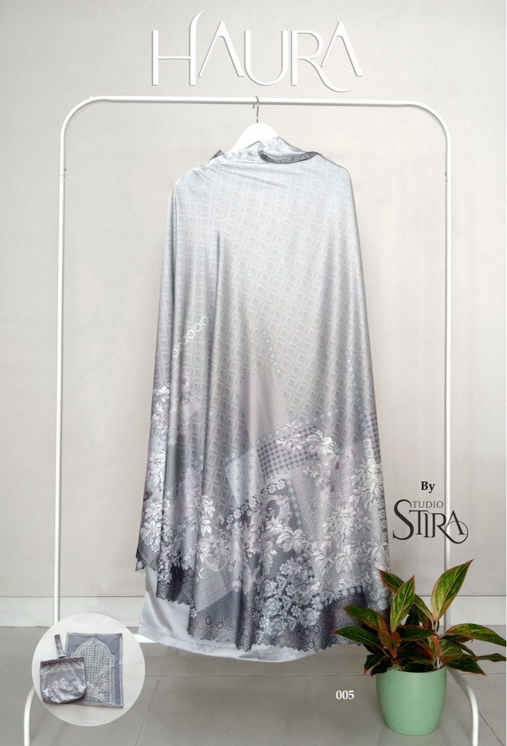 Premium Satin Telekung Set in grey (with bag and mini prayer mat ...