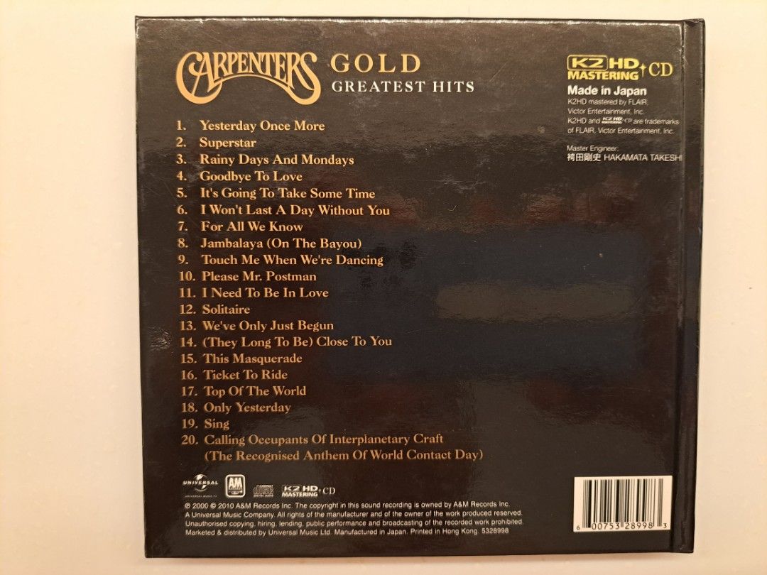 THE CARPENTERS - GOLD - GREATEST HITS - K2HD - CD - K2HD 24-bit 100 KHz ...