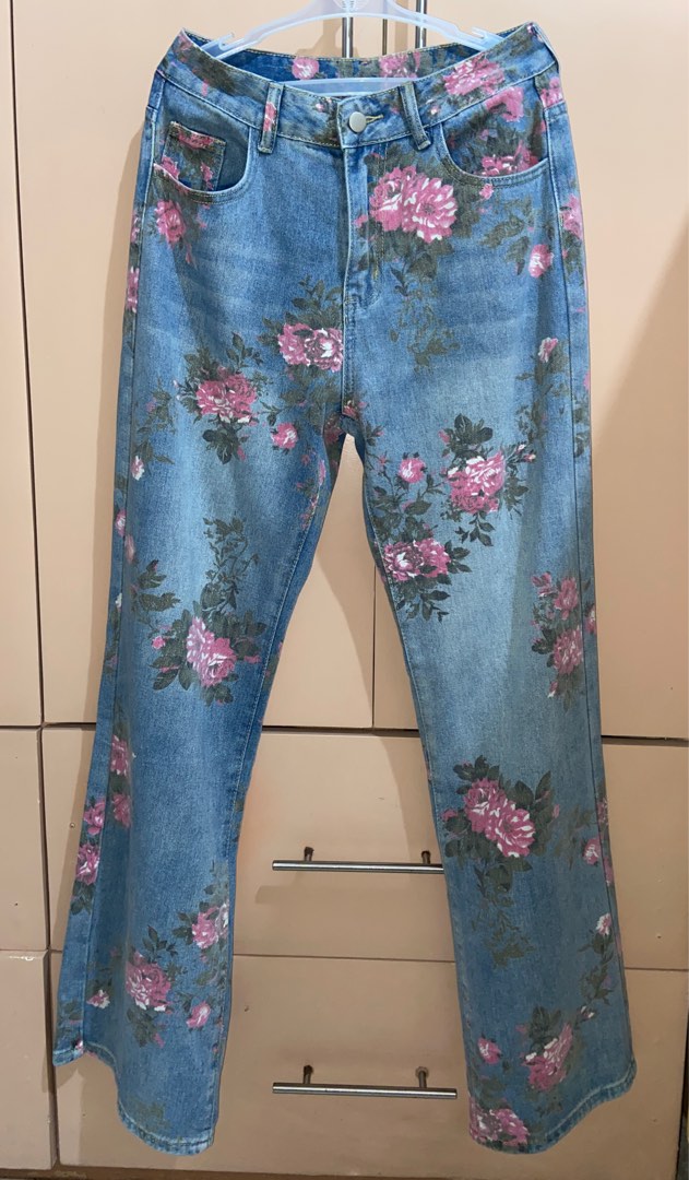 Vintage Floral Print Denim, Women's Fashion, Bottoms, Jeans on Carousell