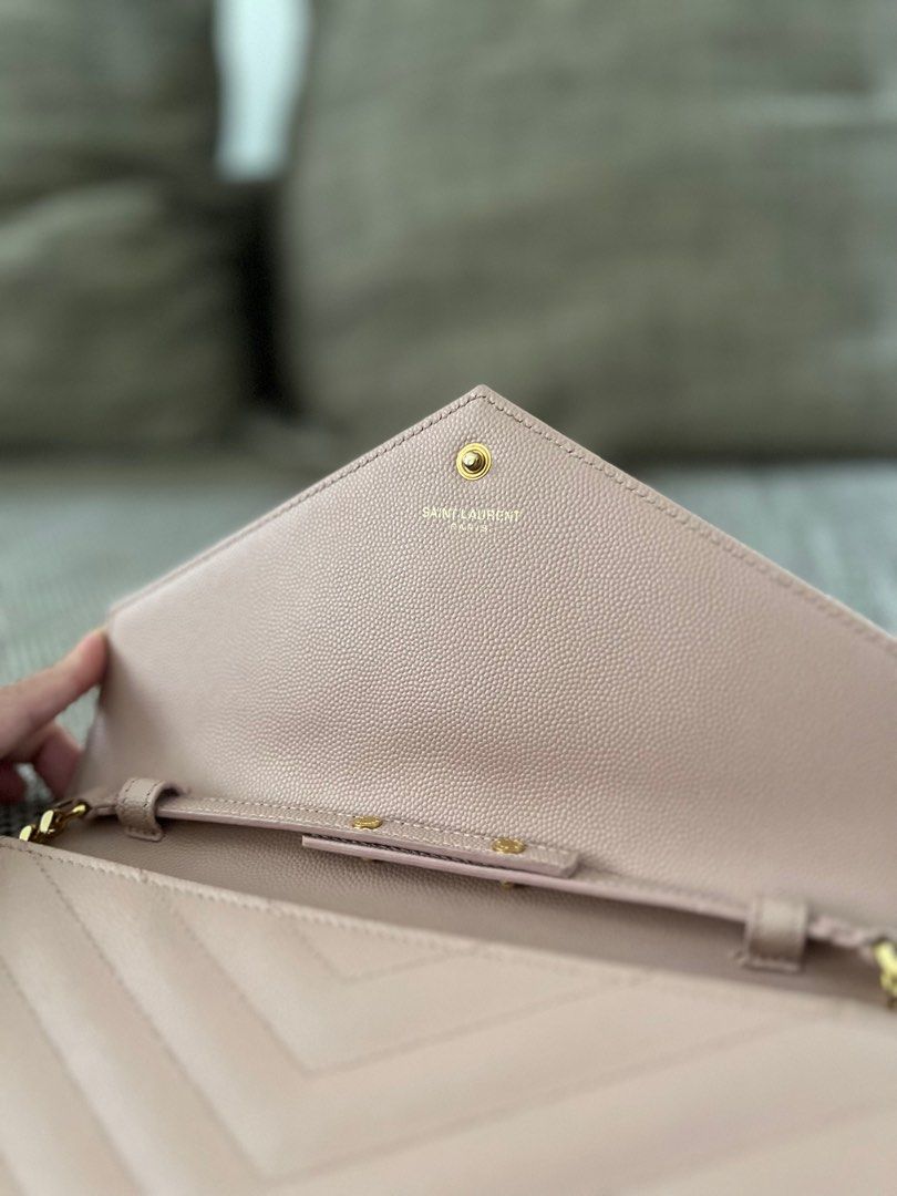 Yves Saint Laurent YSL Envelope Clutch Chain Grained Leather Rose Beige ...