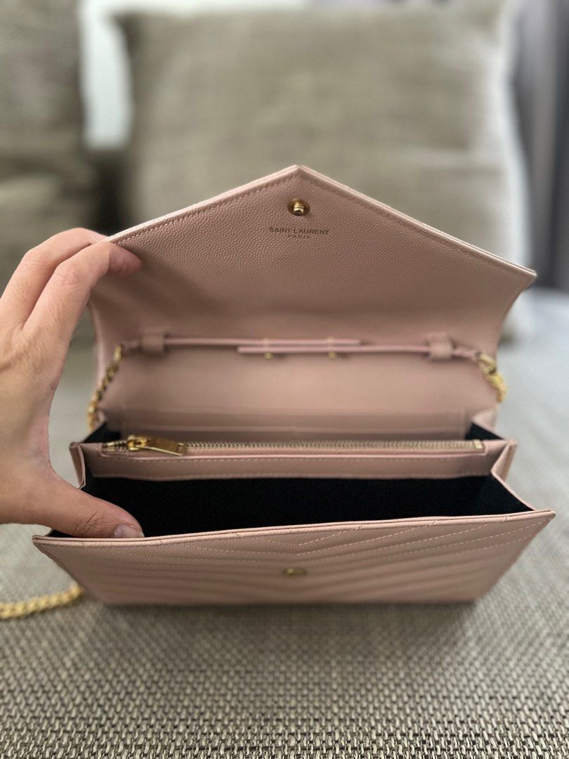 Yves Saint Laurent YSL Envelope Clutch Chain Grained Leather Rose Beige ...