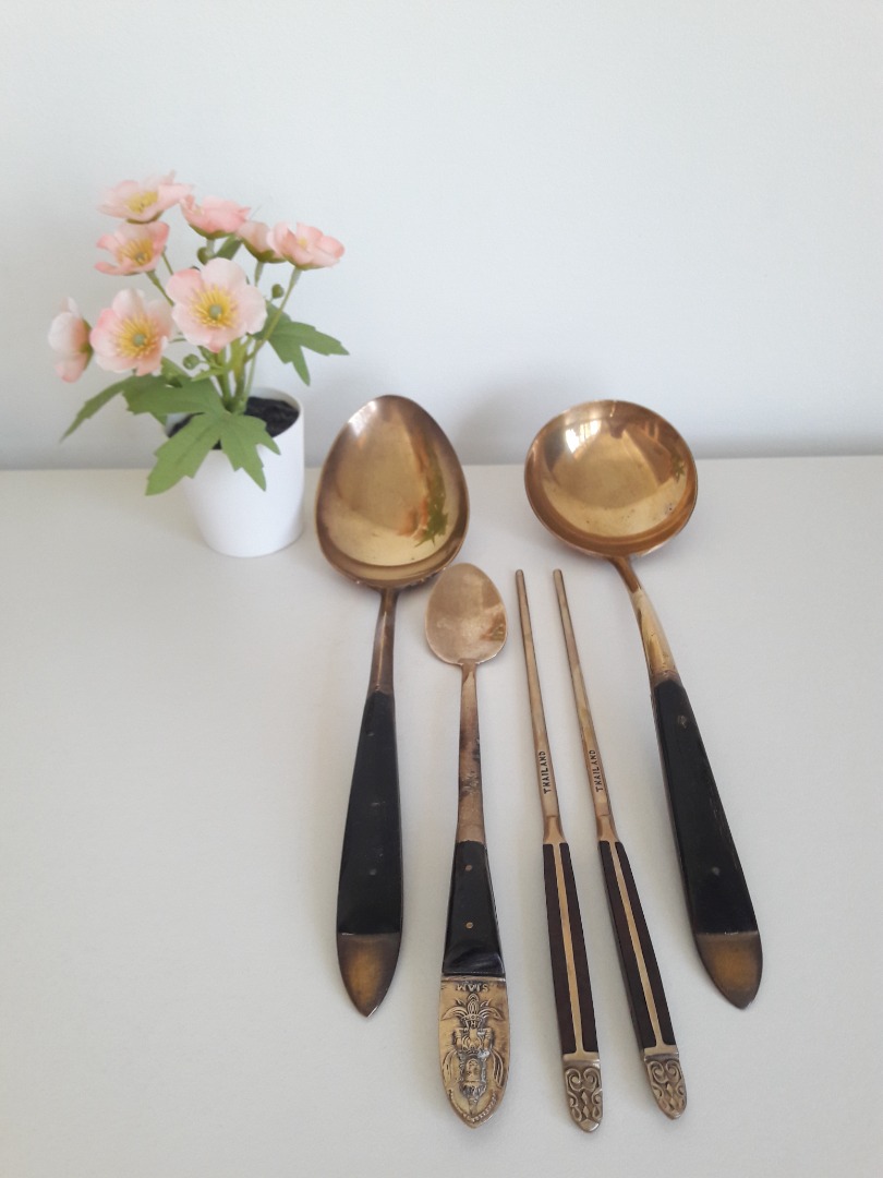 Antique Brass & Horn Cutlery - Serving Spoons, Long Spoon, Chopsticks ...