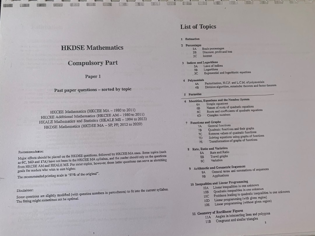 DSE MATH by topic past paper MC+Long Q+Marking, 興趣及遊戲, 書本 & 文具, 教科書 ...