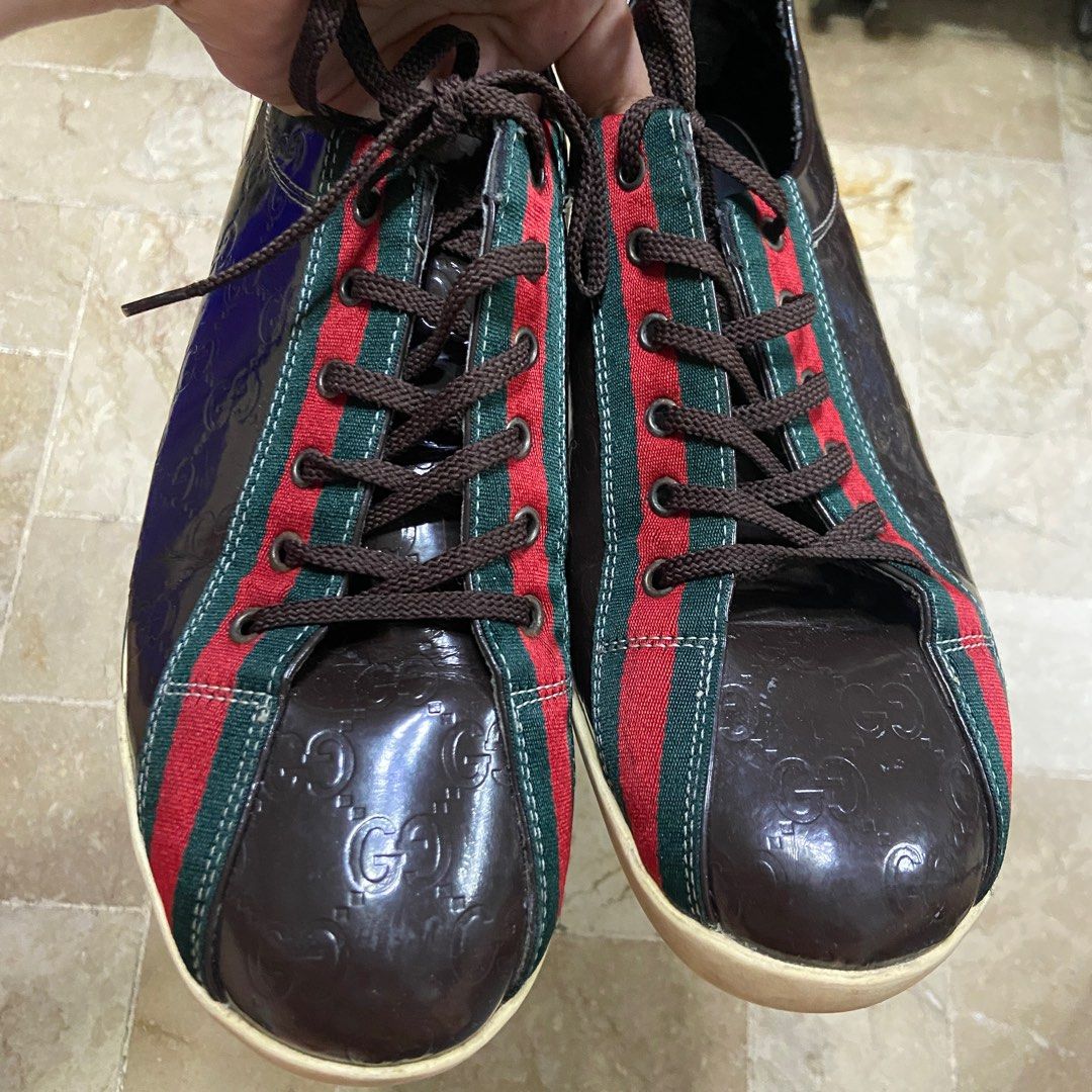 GUCCI BLACK LEATHER WEB STRIPE SCRIPT SNEAKER SHOES, Luxury, Sneakers ...