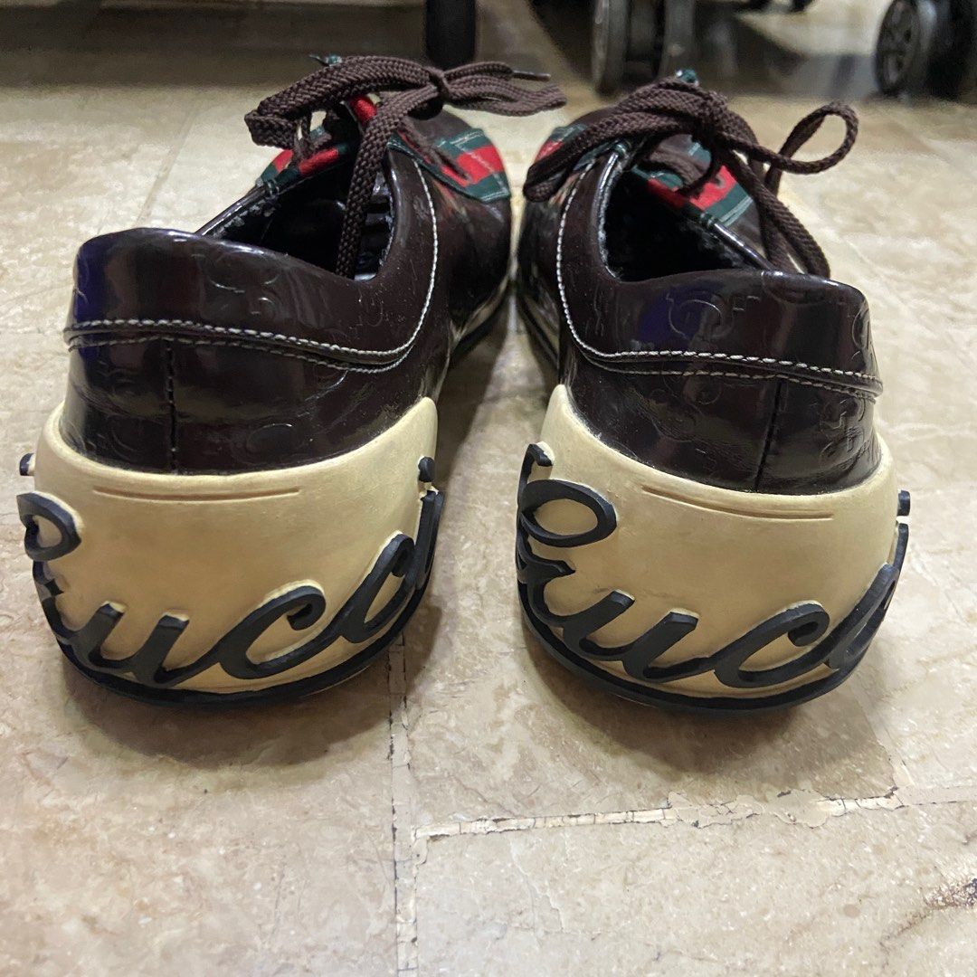 GUCCI BLACK LEATHER WEB STRIPE SCRIPT SNEAKER SHOES, Luxury, Sneakers ...