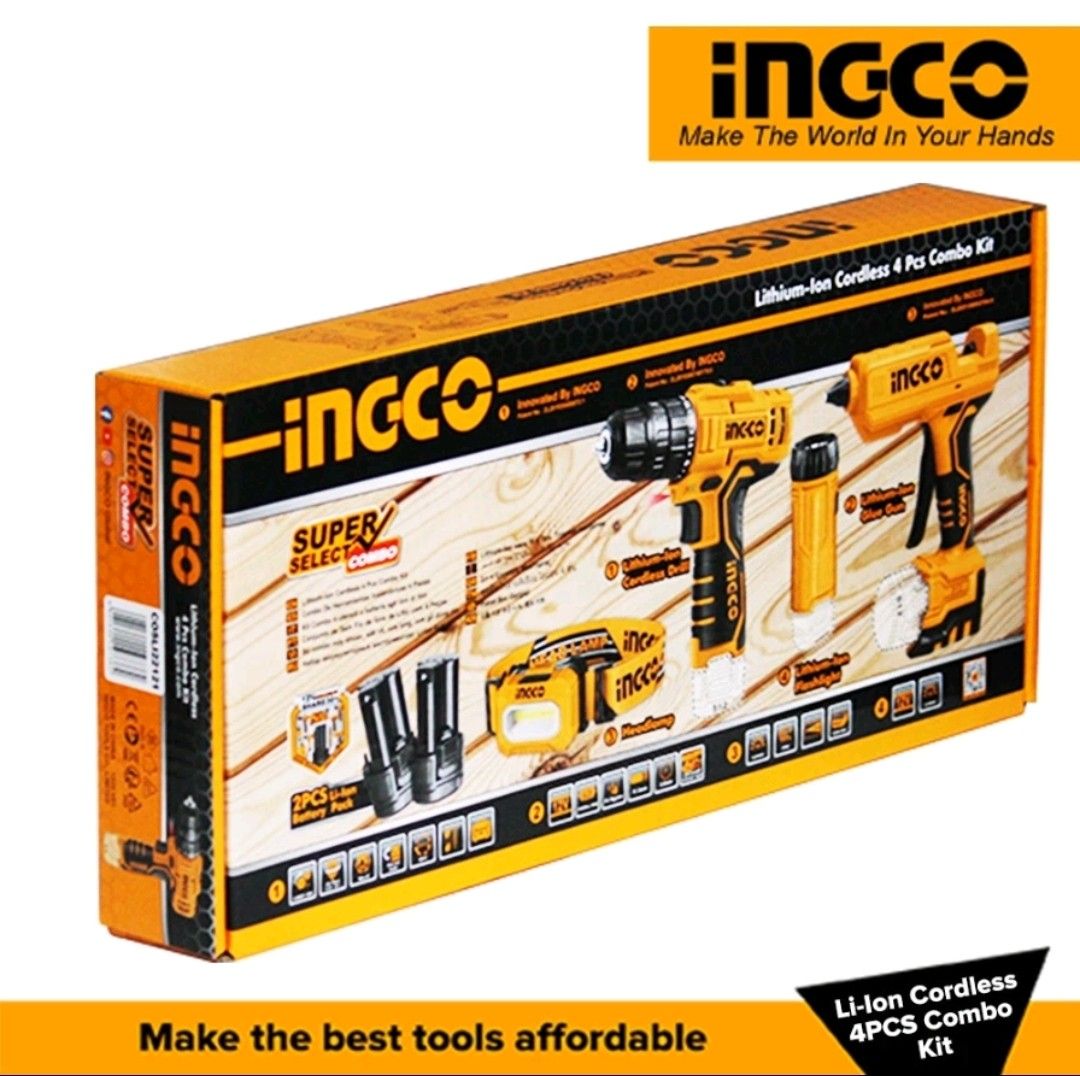 INGCO Cordless 4PCS Combo Kit Set - 12V Cordless Drill, Glue Gun ...