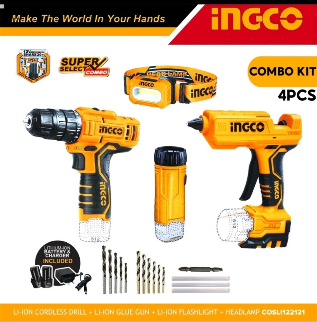 INGCO Cordless 4PCS Combo Kit Set - 12V Cordless Drill, Glue Gun ...