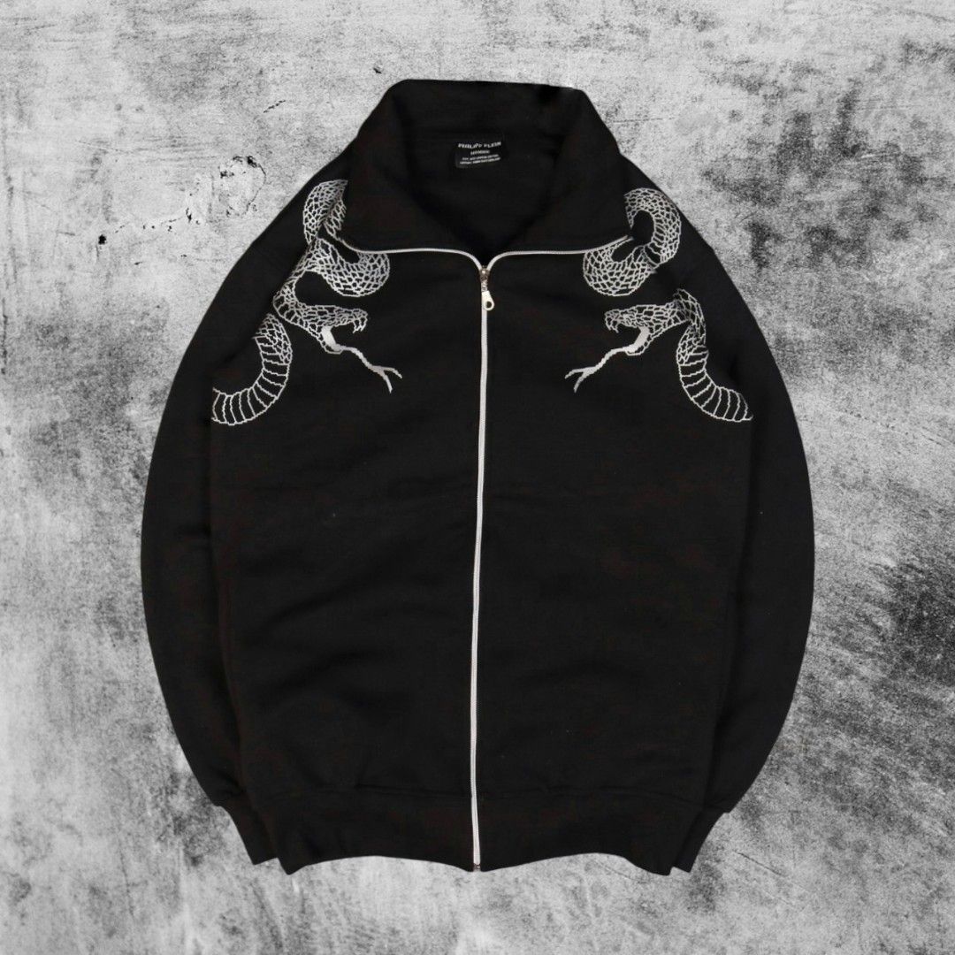 Jaket Zipper Philipp Plein Snakes PP Hitam, Fesyen Pria, Pakaian , Baju ...