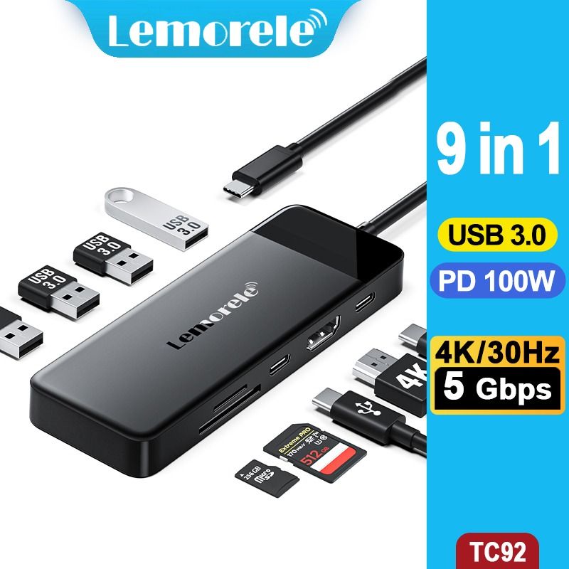 Lemorele USB C HUB Type C to HDMI USB 3.0 RJ45 Type C PD 100W Charger Docking Station SD Card ...