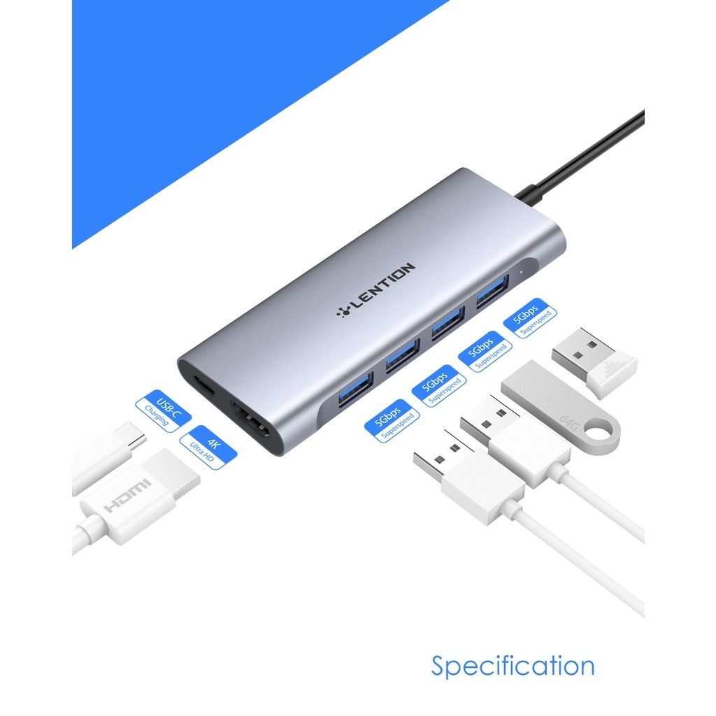 LENTION C35 USB Hub Multiport Adapter 3 Port Type C USB Reader Docking ...