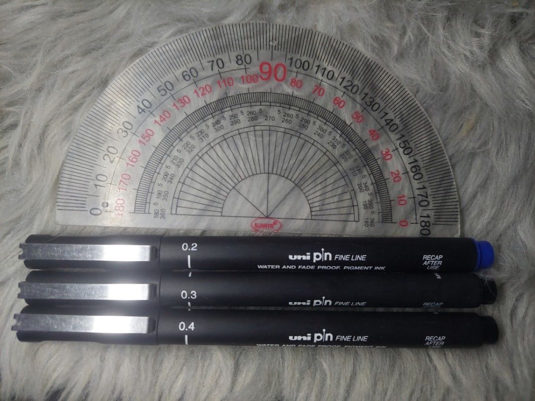 PRELOVED UNI PIN DRAWING PENS (3PCS) PLUS FREE PROTRACTOR, Hobbies & Toys, Stationary & Craft ...