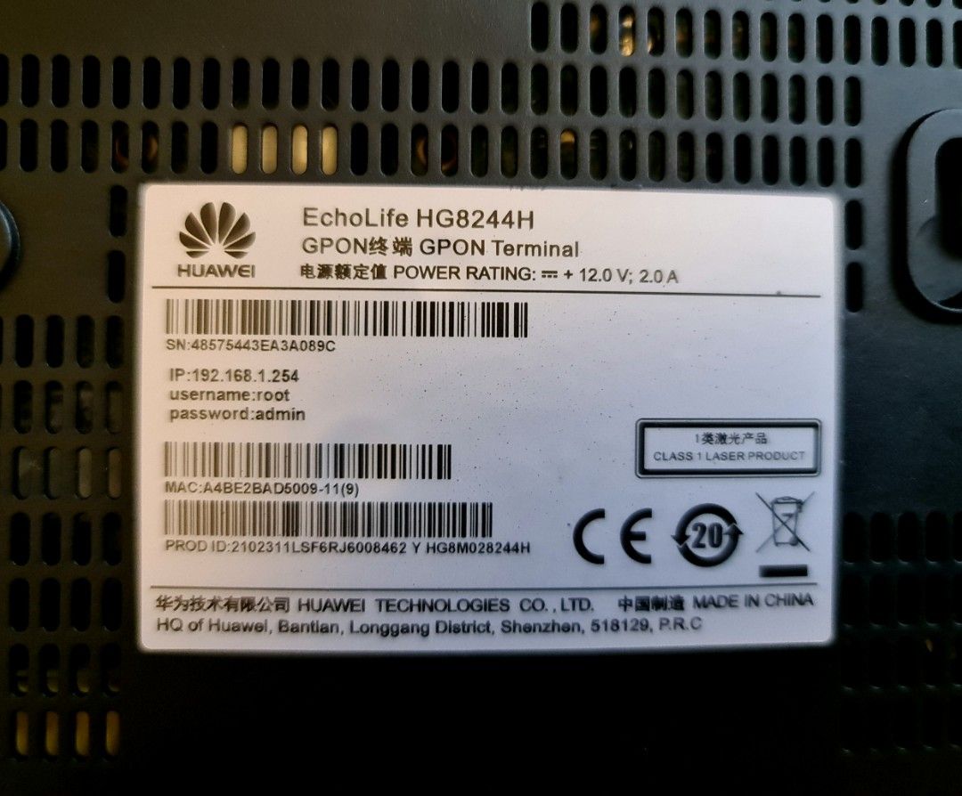 Singtel Huawei Echolife HG8244H Optical Network Fibre Optic Termination ...