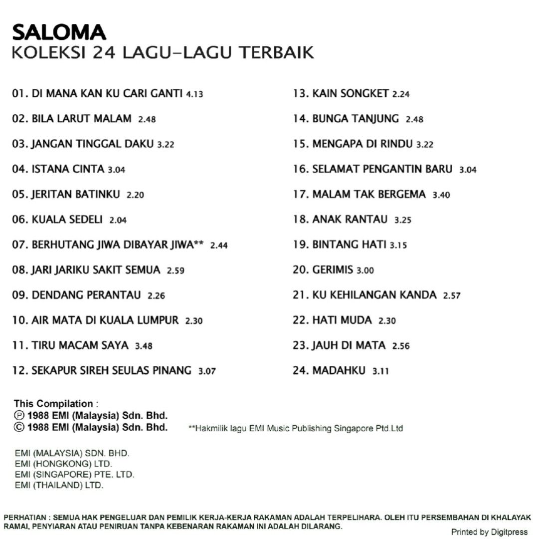 CDR SALOMA Koleksi 24 Lagu2 Terbaik 1988 EMI (Malaysia) Sdn Bhd ...