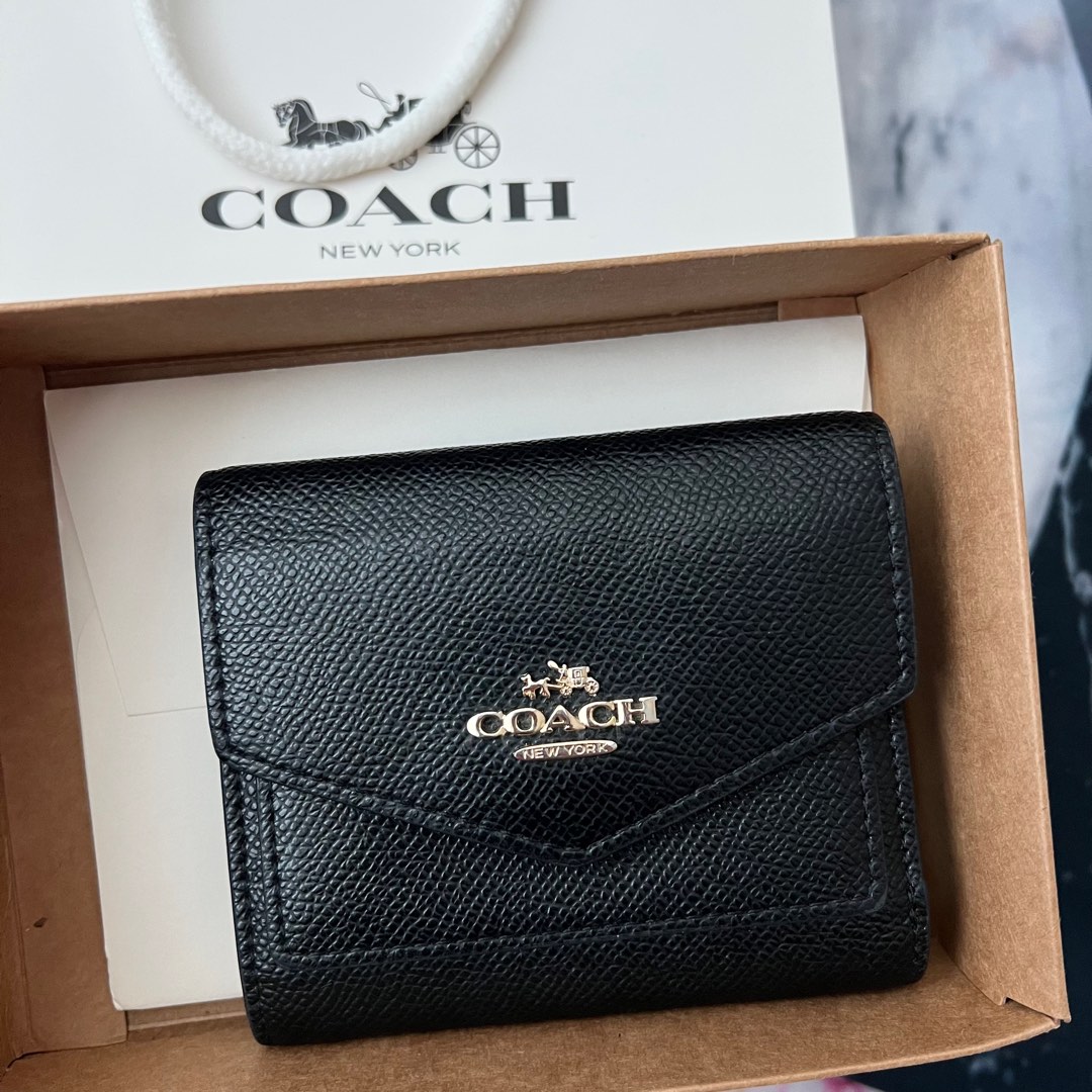 Coach Trifold Crossgrain Leather Small Wallet in Black, Women's Fashion ...
