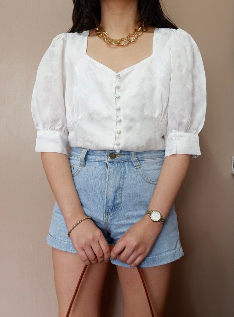 Dainty puffed sleeves blouse, Women's Fashion, Tops, Blouses on Carousell