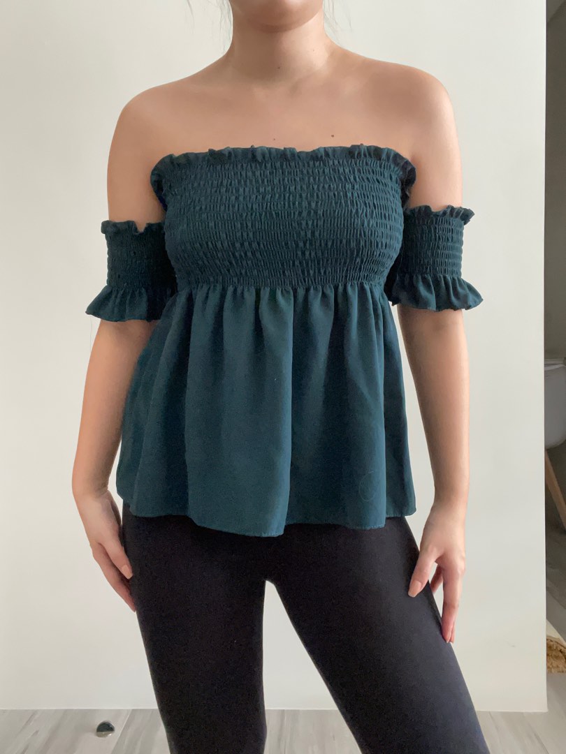 Dark Green Off Shoulder Smock Top, Women's Fashion, Tops, Sleeveless on ...