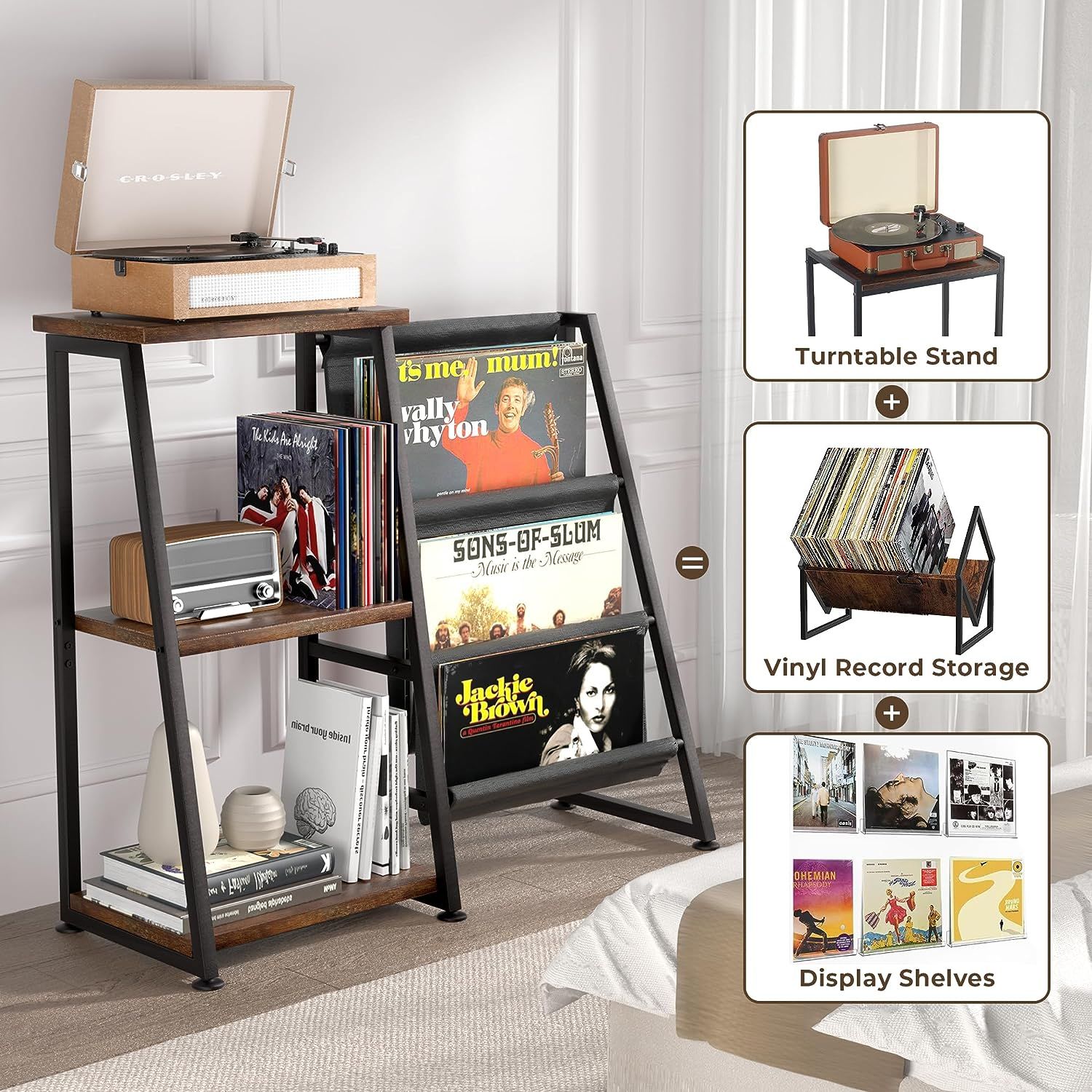 Herture Record Player Stand, Vinyl Record Storage with 3-Tier, Record ...