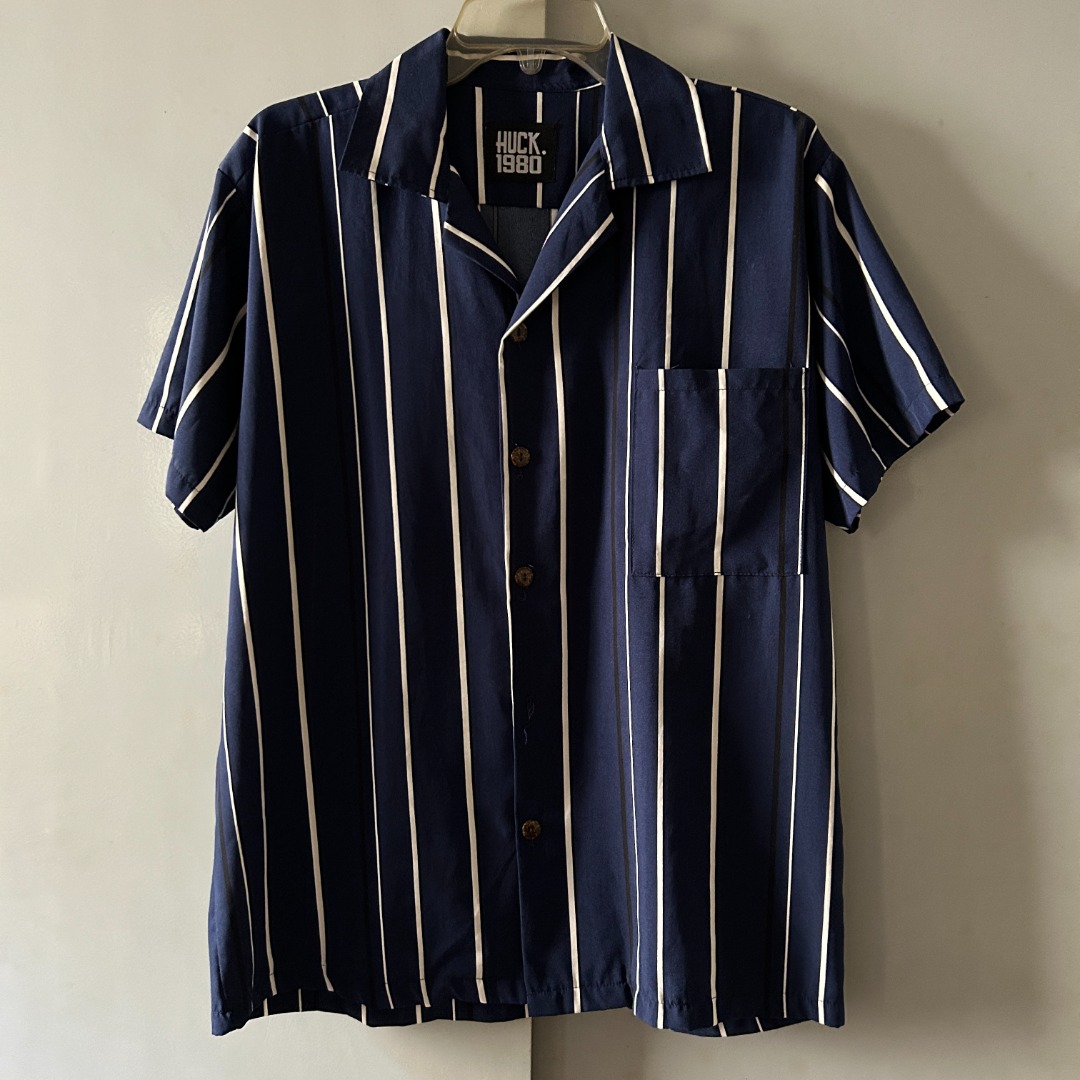 HUCK NAVY BUTTON DOWN STRIPED CUBAN COLLAR POLO, Men's Fashion, Tops & Sets, Tshirts & Polo ...
