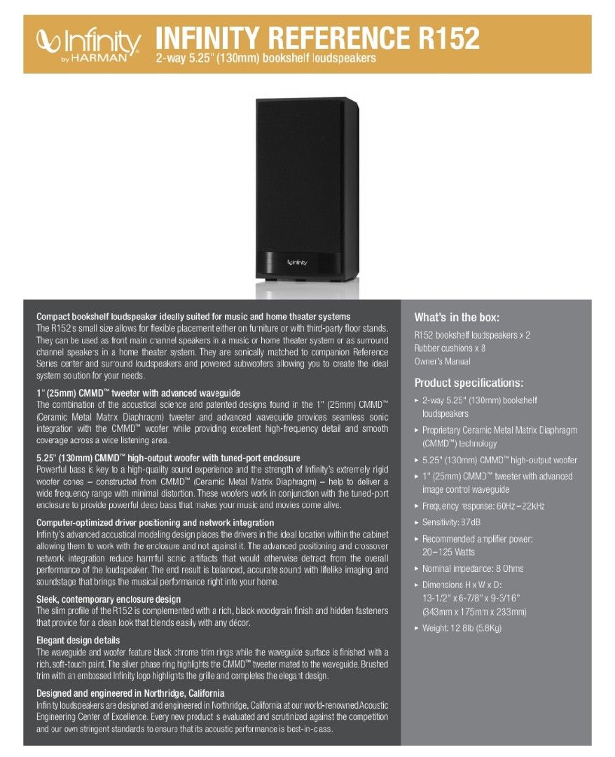 Infinity R152 Bookshelf Speaker, Audio, Soundbars, Speakers ...