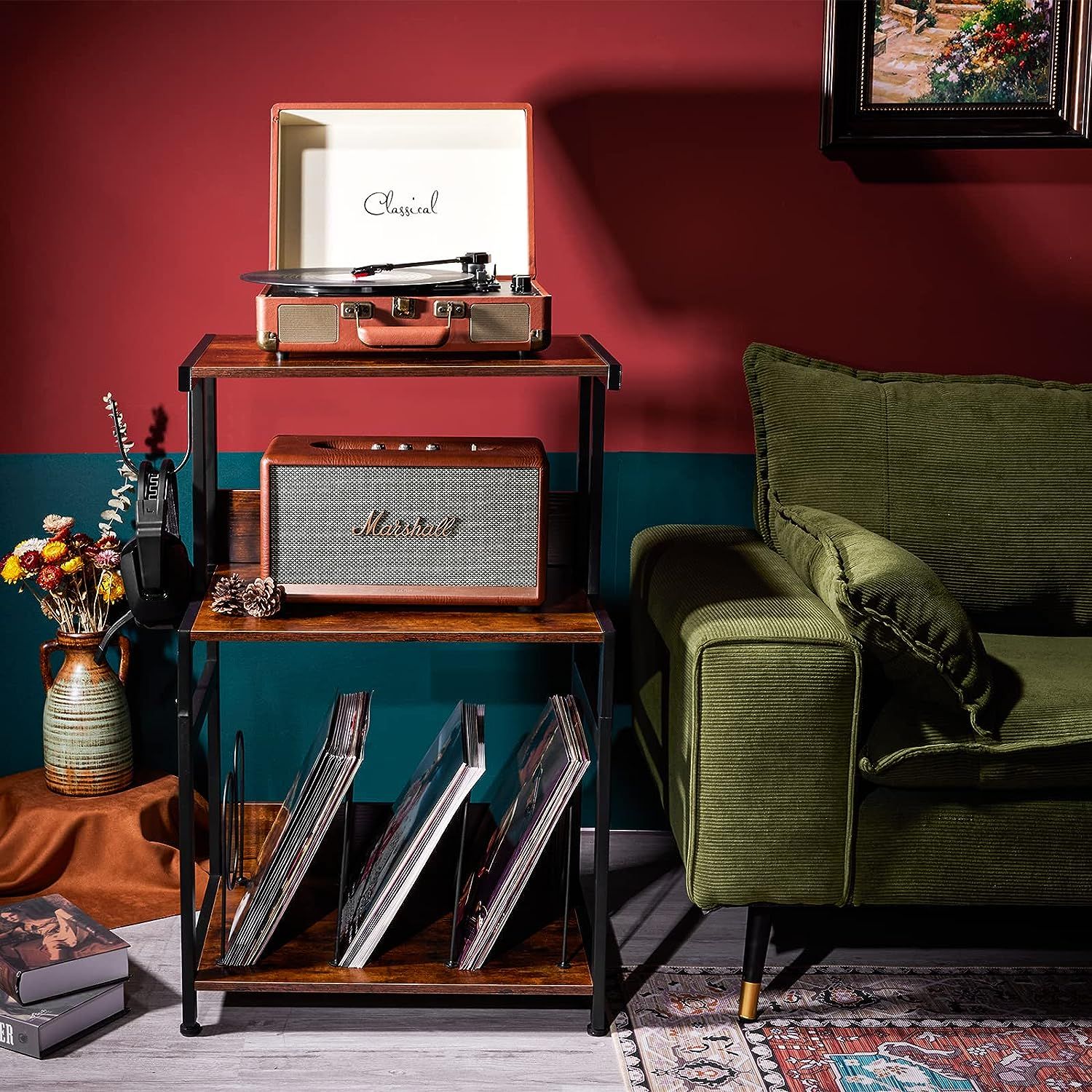 MAWEW Record Player Stand, Turntable Stand with Record Storage Triple, Vintage Record Player ...