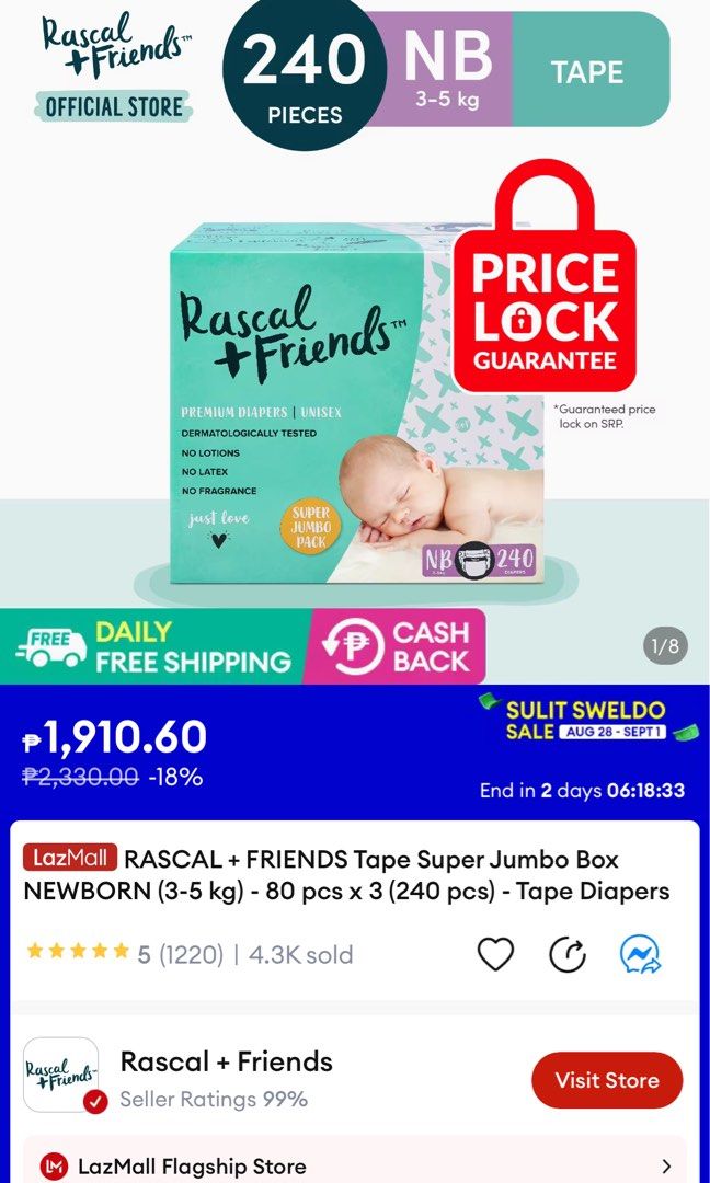 Rascal + Friends Newborn diaper- 240 pcs, Babies & Kids, Bathing ...