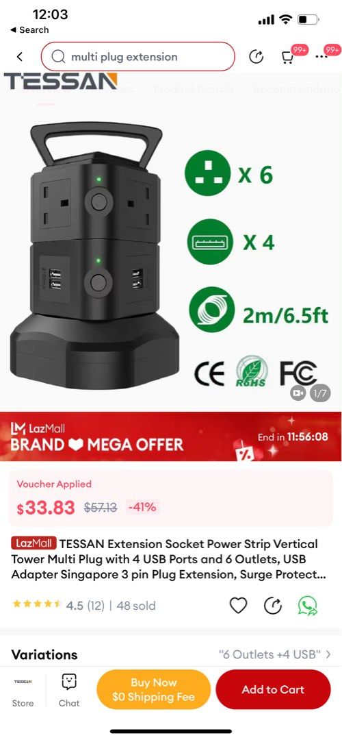 TESSAN Extension Socket Power Strip Vertical Tower, TV & Home ...